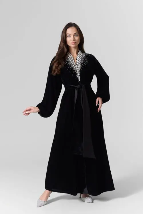 LE FAFO Luna Velvet Embellished Belted Maxi Dress