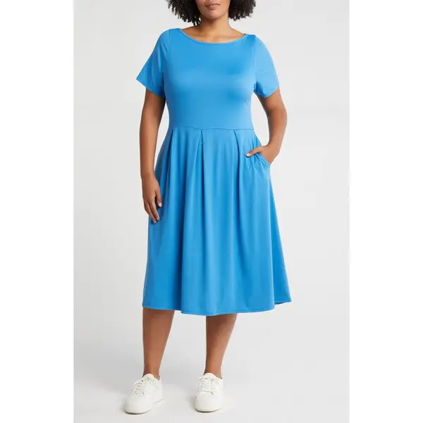 24SEVEN COMFORT APPAREL A-line Midi Dress With Short Sleeves - Turquoise