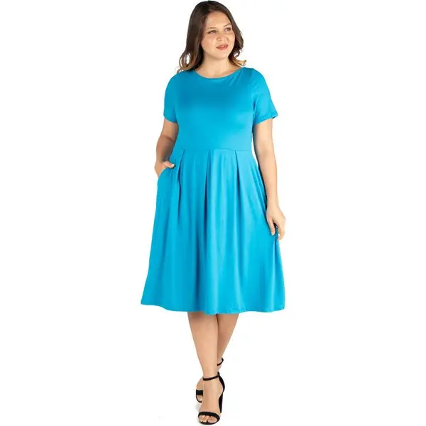 24SEVEN COMFORT APPAREL A-line Midi Dress With Short Sleeves - Turquoise