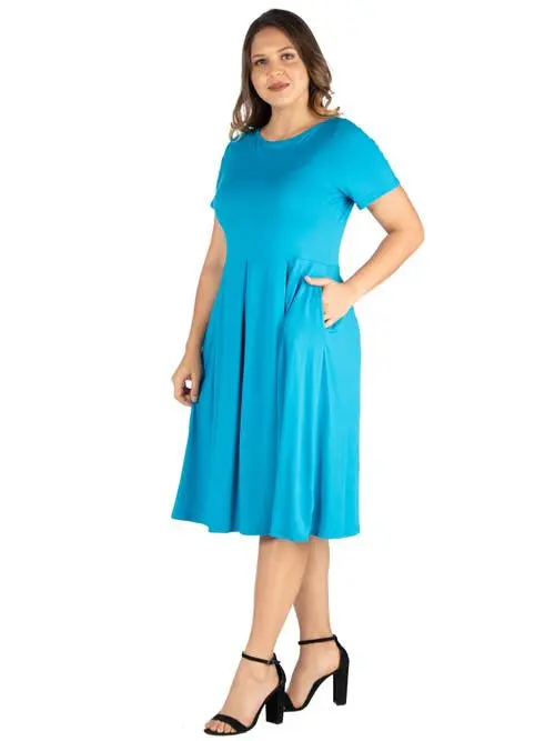 24SEVEN COMFORT APPAREL A-line Midi Dress With Short Sleeves - Turquoise