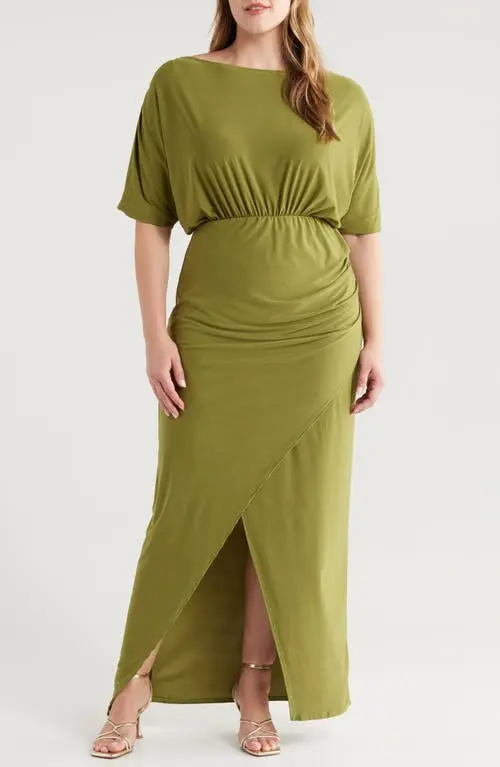 24SEVEN COMFORT APPAREL One-shoulder Batwing Sleeve Jersey Maxi Dress With Front Slit - Avocado