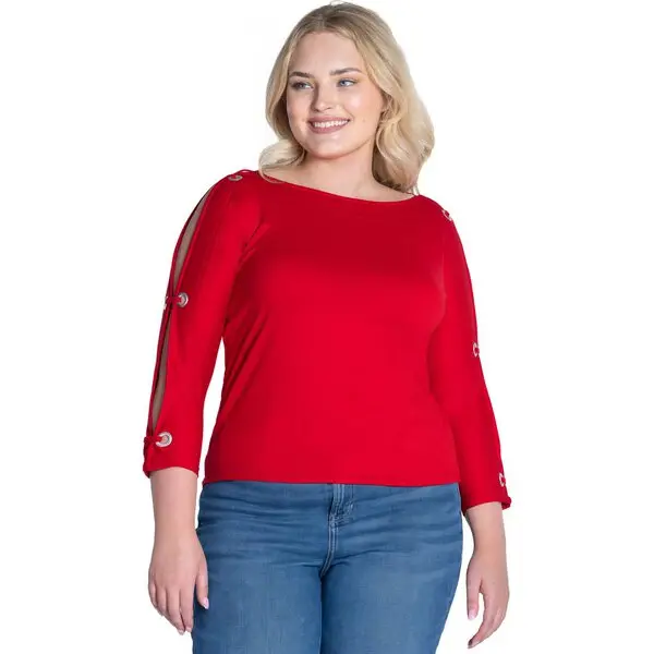 24SEVEN COMFORT APPAREL Grommet Cold Shoulder Jersey Top - Red