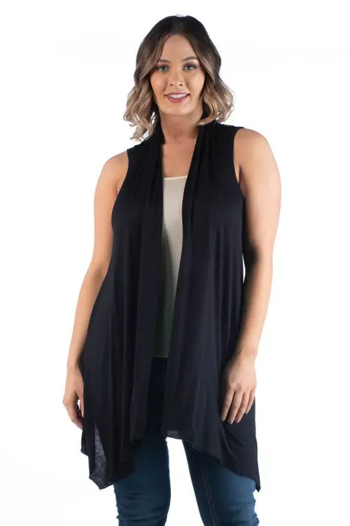 24SEVEN COMFORT APPAREL Asymmetric Open Front Cardigan Vest - Black