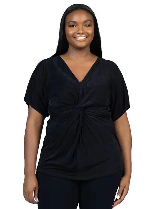 24SEVEN COMFORT APPAREL V-neck Cap Sleeve Top With Knot Detailing - Black