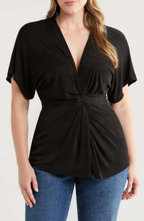 24SEVEN COMFORT APPAREL V-neck Cap Sleeve Top With Knot Detailing - Black
