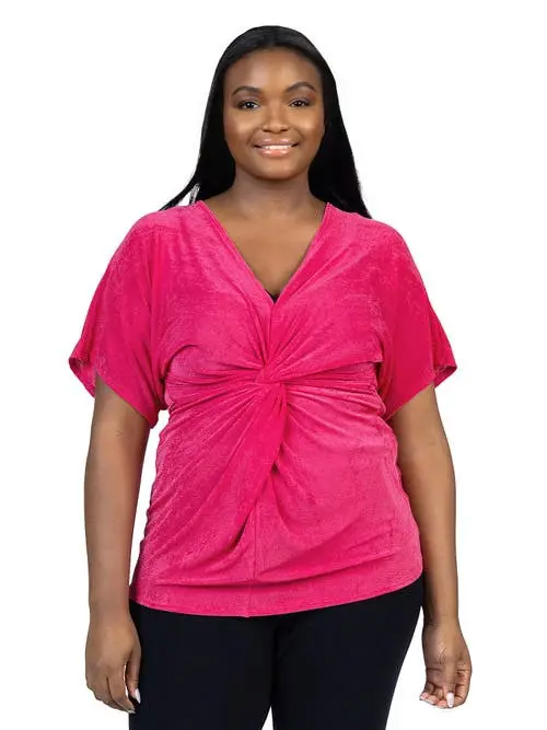 24SEVEN COMFORT APPAREL V Neck Knot Front Cap Sleeve Top - Pink