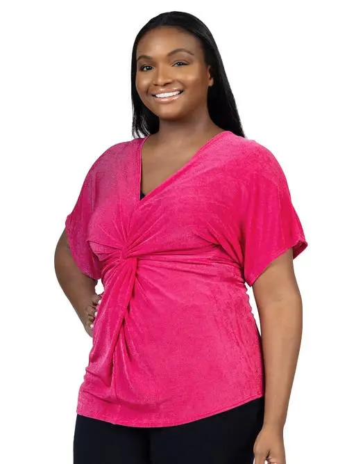 24SEVEN COMFORT APPAREL V-neck Cap Sleeve Top With Knot Detailing