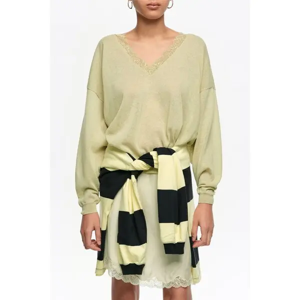 Bimba Y Lola Short Sweater In Cotton Linen Blend With Lace Detail - Light Green