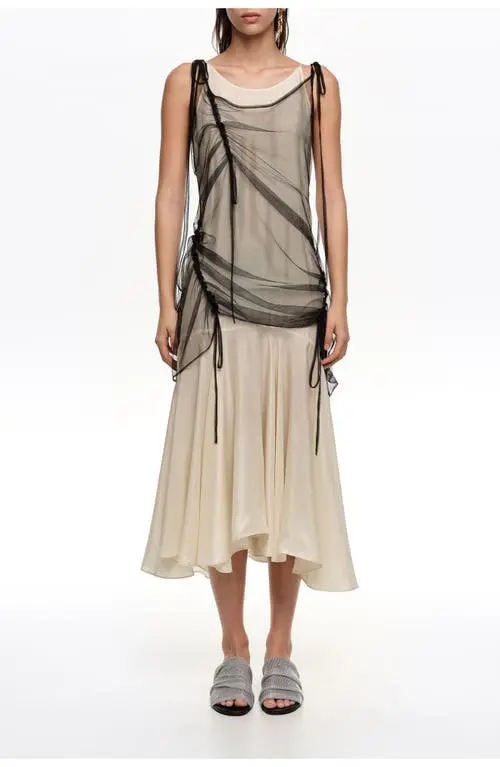 Bimba Y Lola A-line Midi Dress With Mesh Overlay - Black