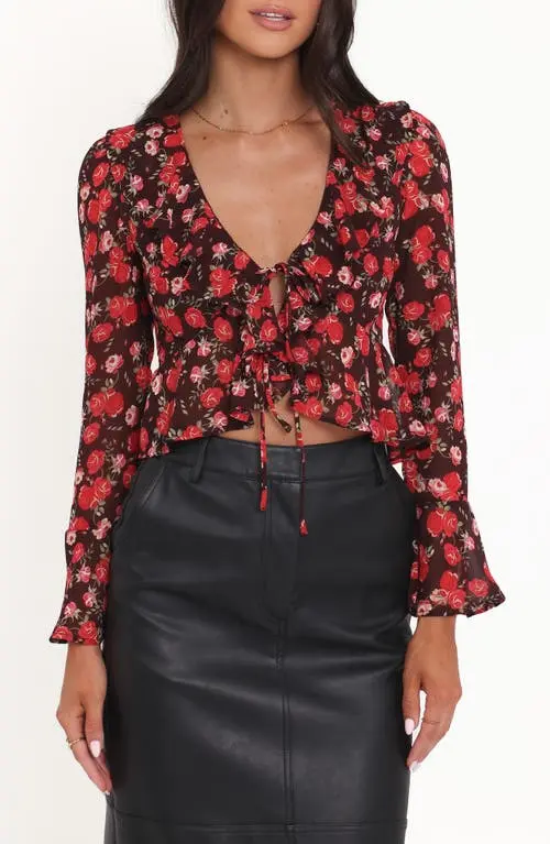 PETAL & PUP Aveline Ruffle Tie Front Chiffon Top - Brown Floral