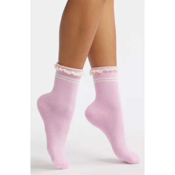 STEMS Pointelle Knit Stripe Quarter Socks - Blush Pink
