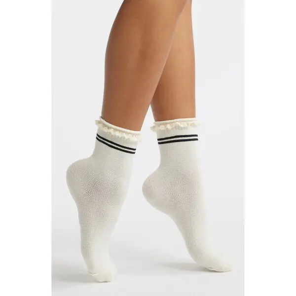 STEMS Pointelle Knit Stripe Quarter Socks - Ivory