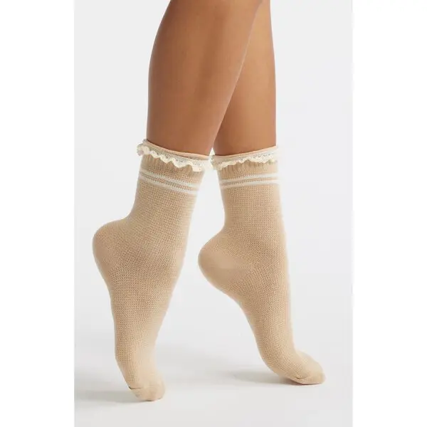 STEMS Pointelle Knit Stripe Quarter Socks - Sand
