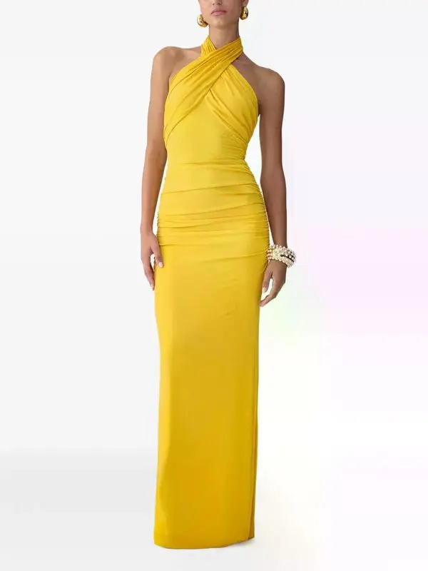 navy satin halter maxi dress Satin Cross Strap Halter Gown - Navy main image 1