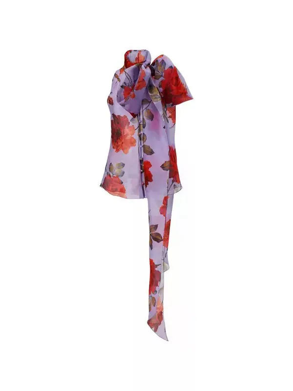 Carolina Herrera Rose-print Organza Top With Bow - Purple