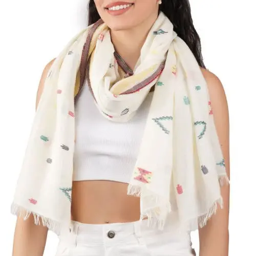 Vismaya Pixel Woven Cotton Scarf - Ivory