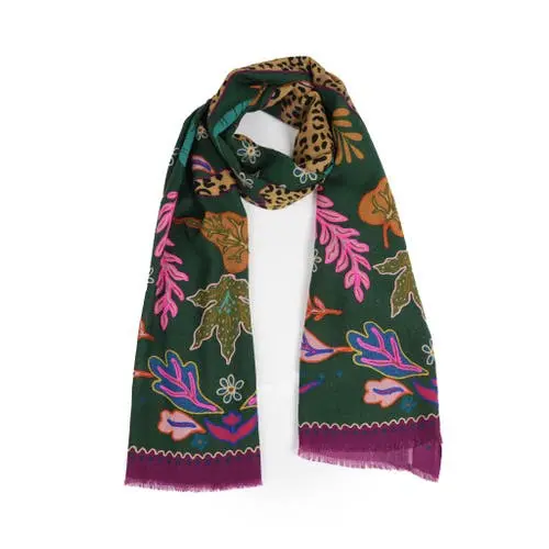 Vismaya Wild Grace Wool Embroidered Scarf - Jungle Green