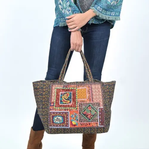 Vismaya Folklore Garden Patchwork Tote Bag