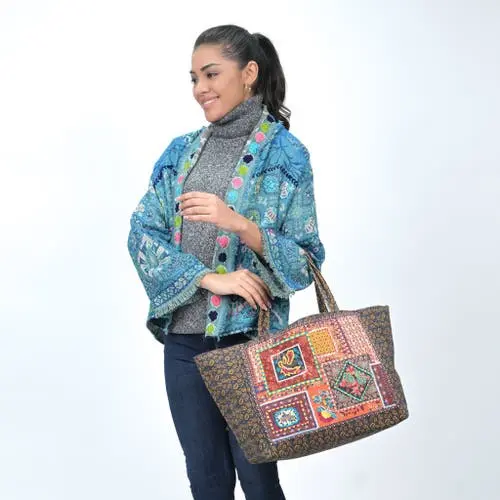 Vismaya Folklore Garden Patchwork Tote Bag