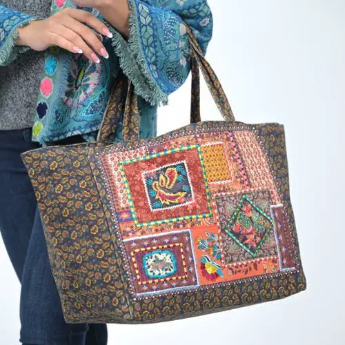 Vismaya Folklore Garden Patchwork Tote Bag - Black