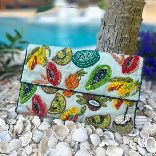 Vismaya Fruit Embroidered Clutch - Green