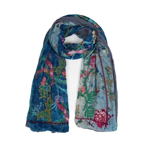 Vismaya Enchanted Garden Velvet Scarf - Dusty Blue
