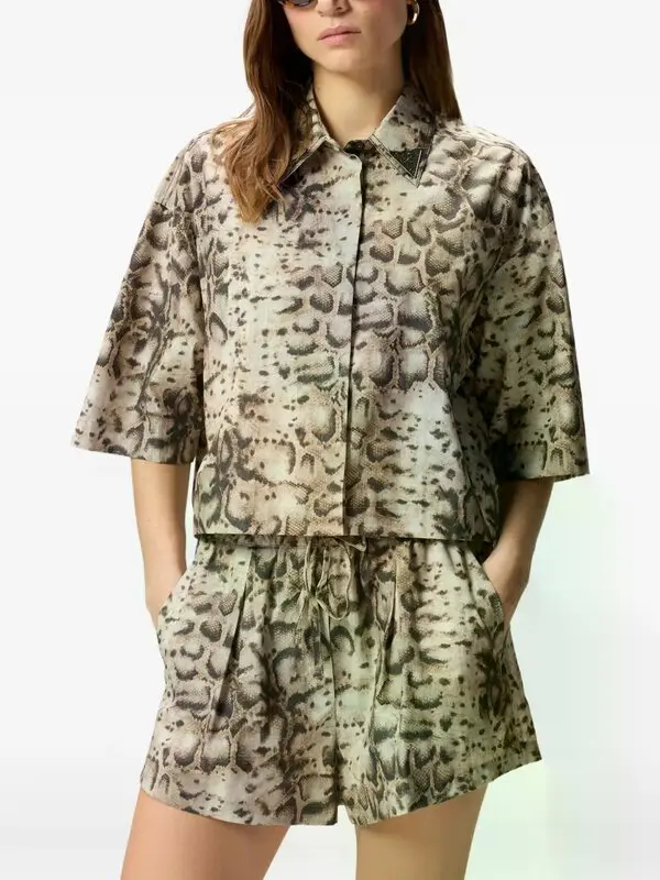 Pinko Cropped Cotton Poplin Snake Print Shirt With Metallic Appliqués