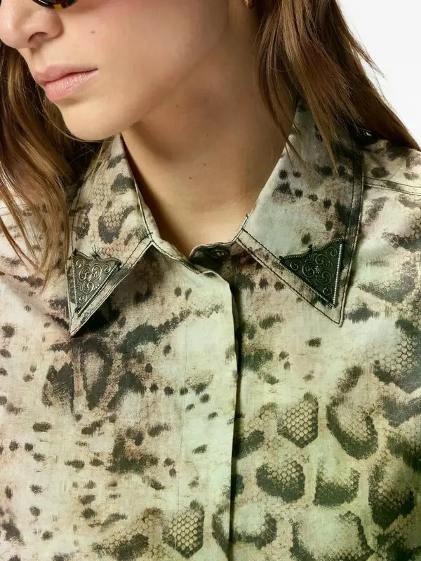 Pinko Cropped Cotton Poplin Snake Print Shirt With Metallic Appliqués
