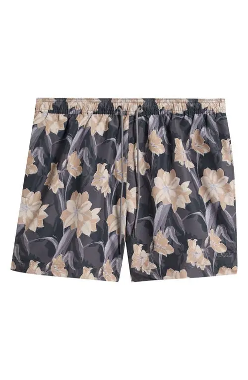 BOSS Floral Print Swim Trunks - Black