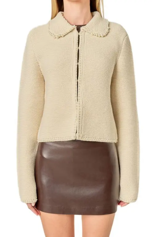 English Factory Faux Pearl Trim Collared Cardigan - Ivory