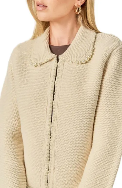 English Factory Faux Pearl Trim Collared Cardigan - Ivory