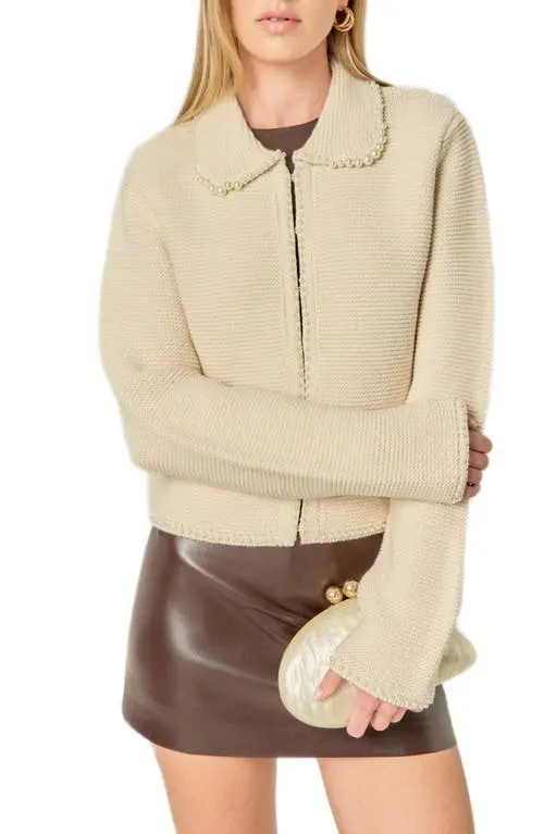 English Factory Faux Pearl Trim Collared Cardigan - Ivory