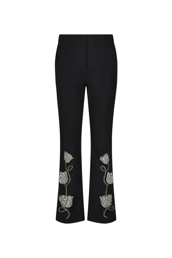 Lela Rose Tulip Crystal Embroidered Stretch Cotton Pant - Black