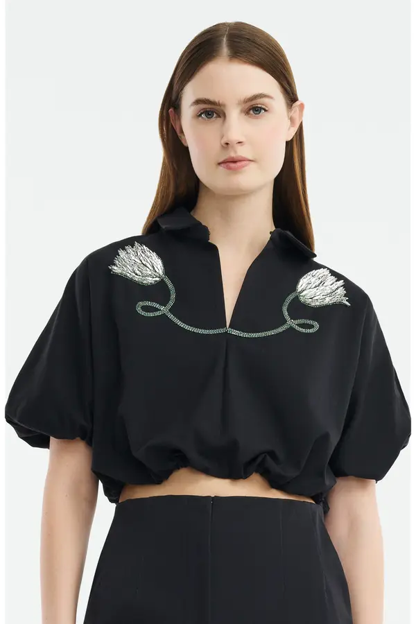 Lela Rose Tulip Crystal Embroidered Top
