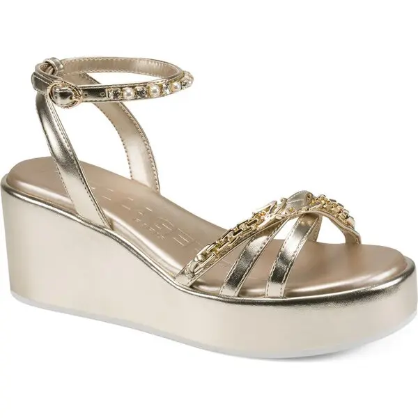 Karl Lagerfeld Paris Clemons Ankle Strap Wedge Sandal - White Gold