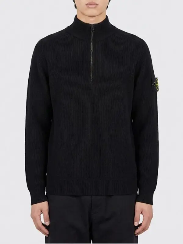 Stone Island Cotton Knit Sweater With Quarter Zip And Ribbed Finishes - Black