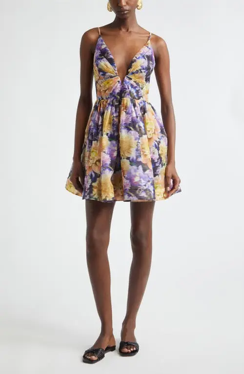Zimmermann Luna Floral Plunge Neck Linen & Silk Minidress - Navy Dahlia