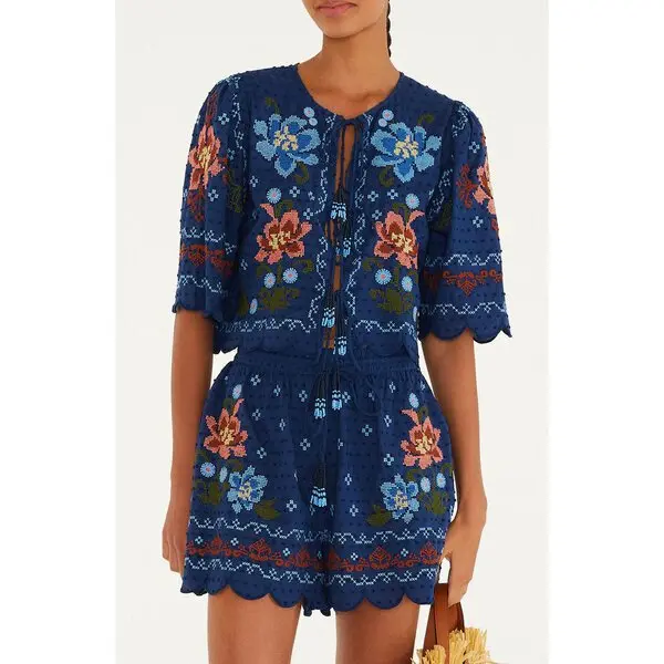 Farm Rio Stitched Garden Cover-up Top - Dark Blue