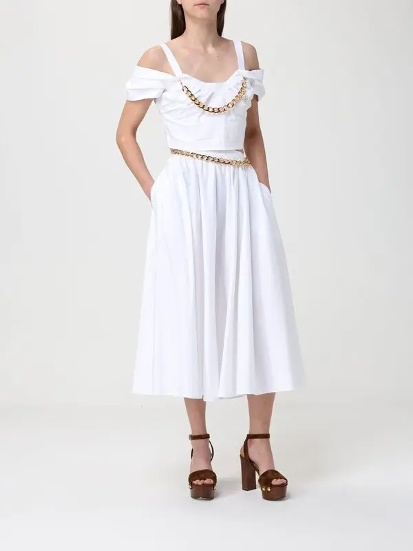 Elisabetta Franchi Cotton Midi Skirt With Chain Detail - White