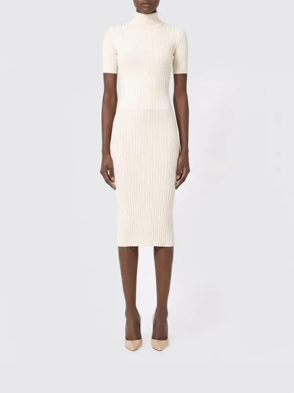 Elisabetta Franchi Ribbed Knit High Neck Midi Dress - Ivory