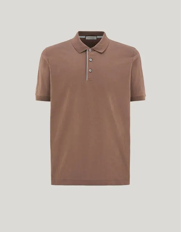 Canali Taupe Cotton Polo Shirt With Contrasting Piping On The Button Placket