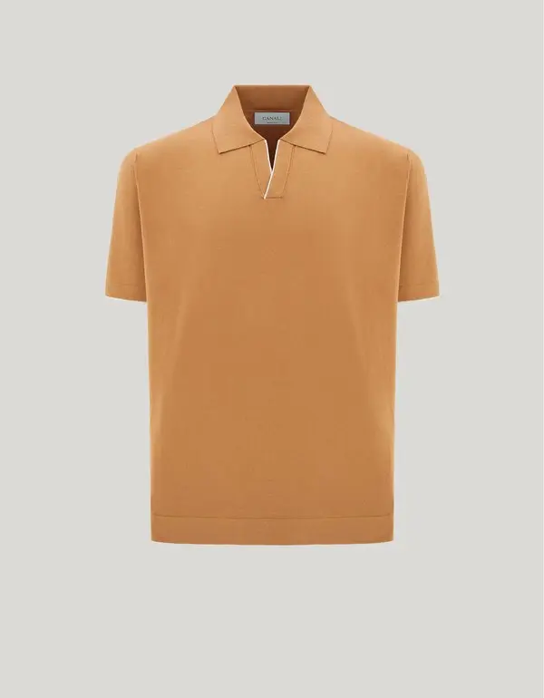 Canali Caramel Cotton And Silk Polo Shirt With Contrasting Piping