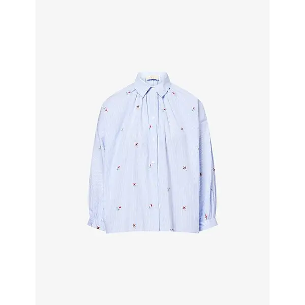 Max Mara Floral Embroidery Stripe Cotton Shirt - Light Blue