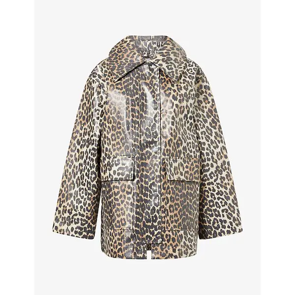 GANNI Laminated Leopard-print Cotton-blend Jacket - Almond Milk