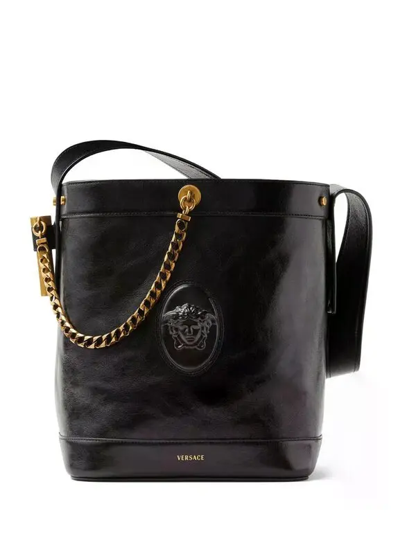 Versace Pivot Small Leather Bucket Bag - Black