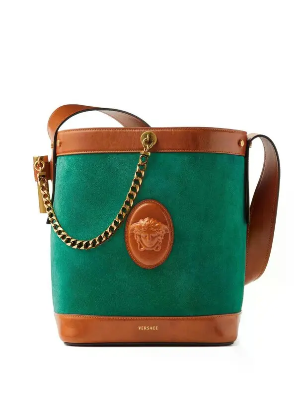 Versace Pivot Small Suede Bucket Bag - Green