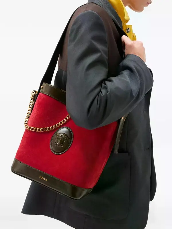 Versace Pivot Small Suede Bucket Bag - Red