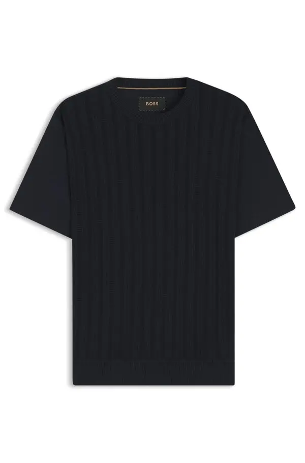 BOSS Cable-knit T-shirt In Cotton And Silk - Dark Blue
