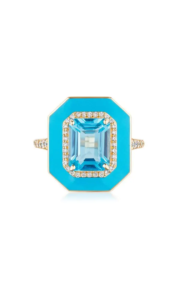 Goshwara 18k Yellow Gold Emerald-cut Halo Enamel Ring - Blue