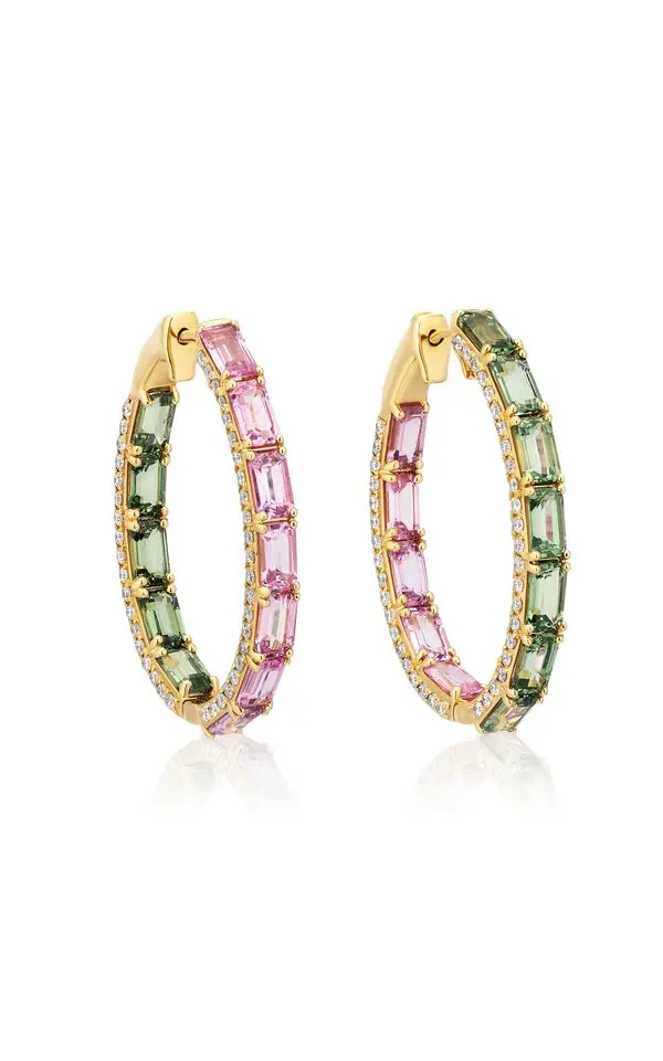 Goshwara 18k Yellow Gold Green Sapphire And Pink Sapphire Emerald Cut Oval Hoops - Multi